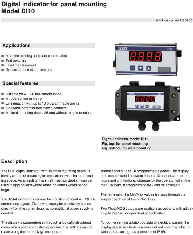 苏州知非代理WIKA威卡DI10/DI25/DI30/DI35/DI32-1多功能数显仪DIH10/DIH10-EX集成数显模块接线盒DIH50/DIH52带HART协议通讯的电流回路现场显示 ...