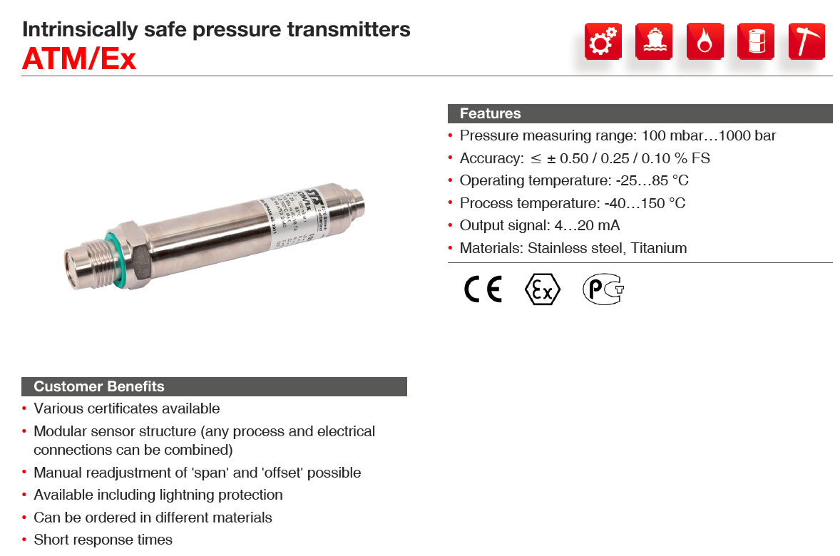 瑞士STS压力传感器ATM压力变送器ATM.1ST/Ex防爆压力传感器ATM/GR硅压阻式传感器PTM/DTM代理商-苏州知非机电