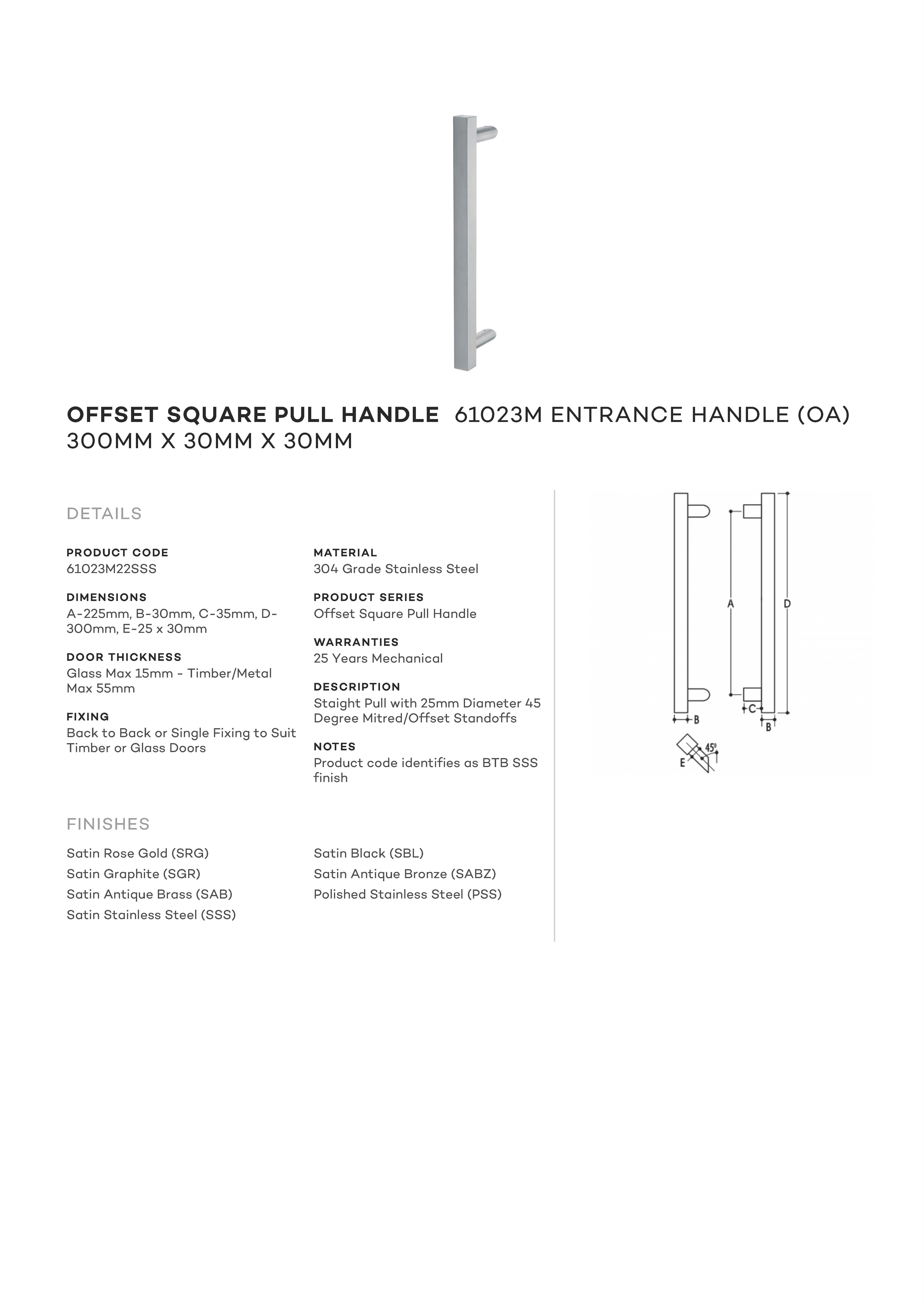 OFFSET SQUARE PULL HANDLE 61023M ENTRANCE HANDLE(OA) -NANDSQ HARDWARE