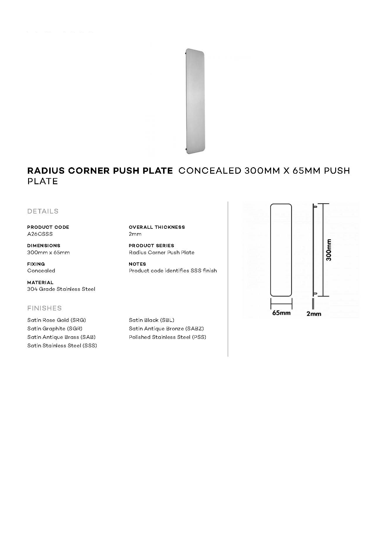 RADIUS CORNER PUSH PLATE CONCEALED 300MM×65 MM PUSH PLATE -NANDSQ HARDWARE