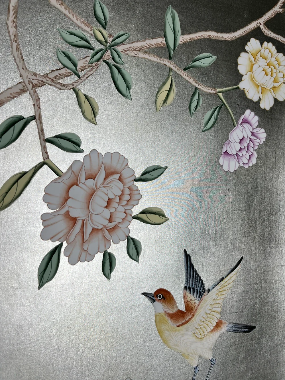 Chinoiserie Wallpaper Hand Painted Artworks On Silver Quality