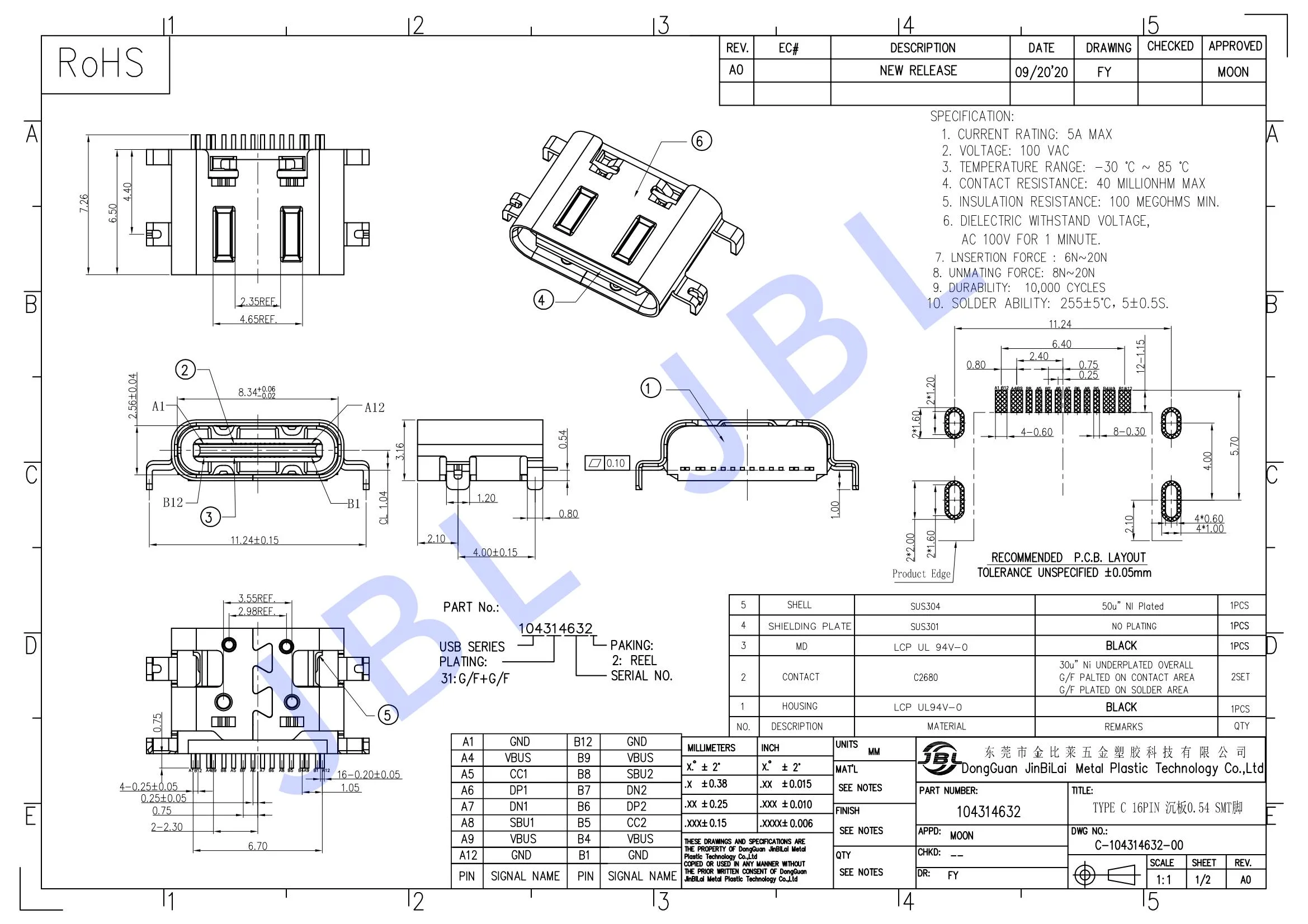 Jbl-104314632 16pin usb type-c female connector mid-mount conn smt ...
