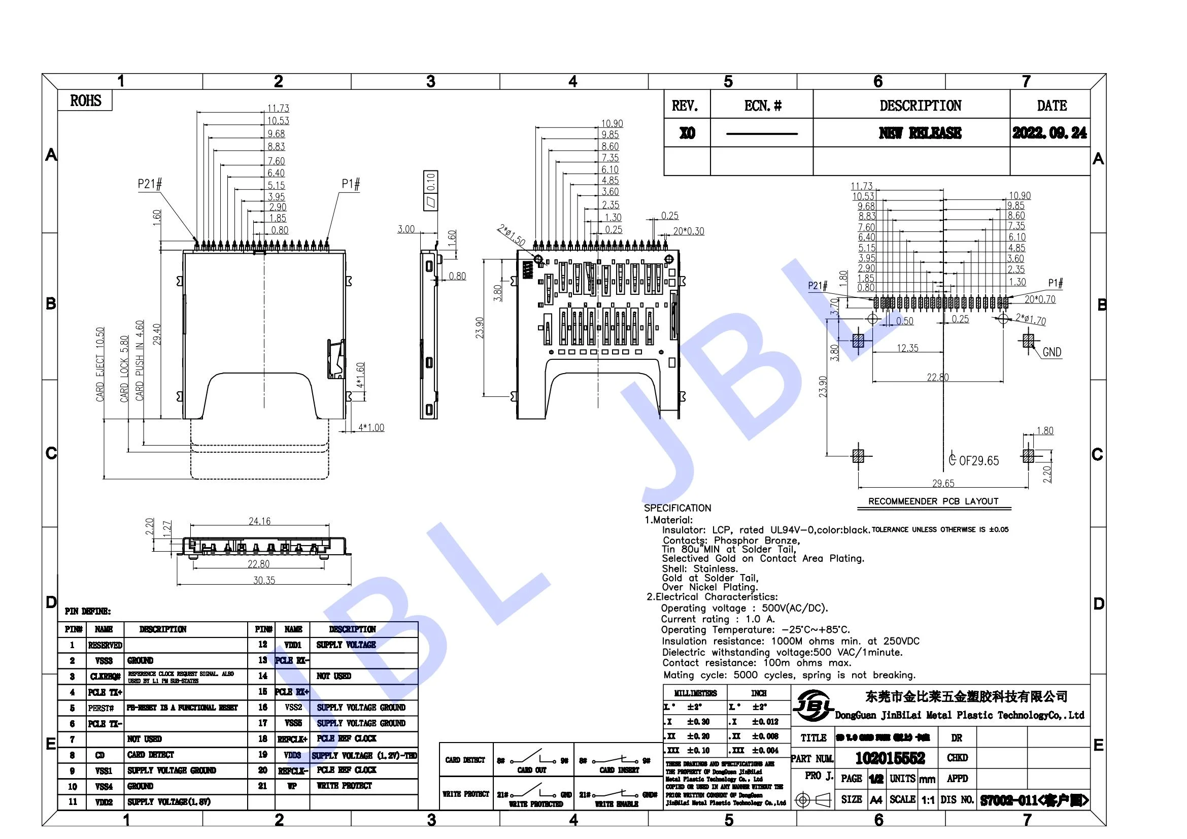 Jbl-S7002 21pin sd 7.0memory card socket slot fenale push push ...