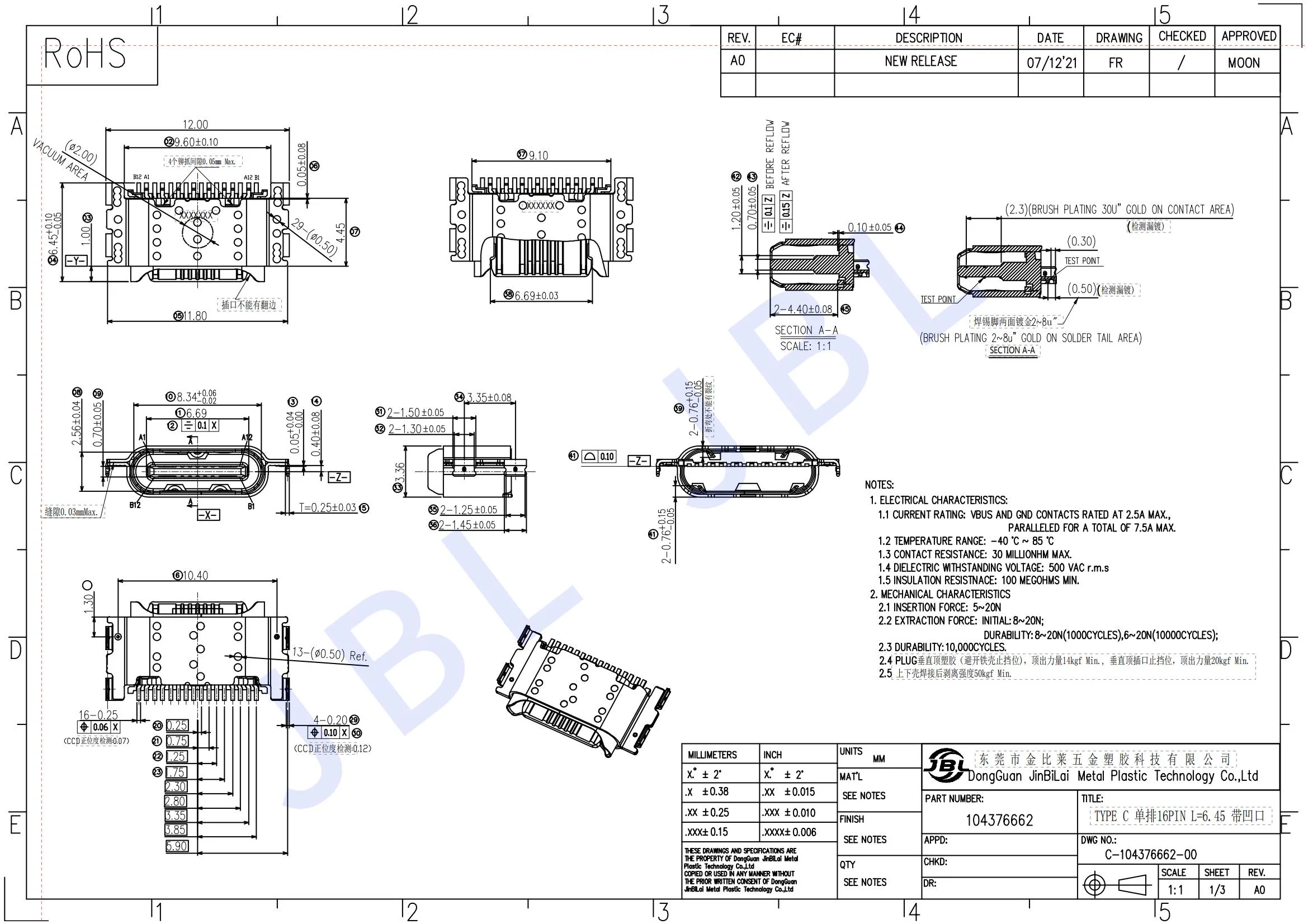 Jbl-104376662 16pin usb3.0 type-c single row female mid-mount conn ...