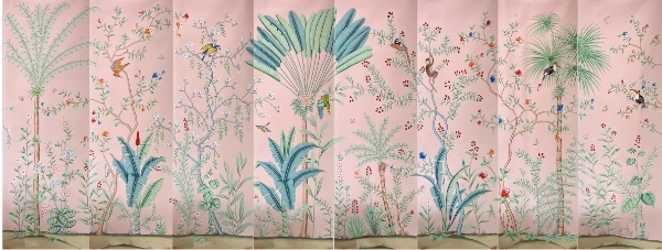 China-Palm Tree Chinoiserie wallpaper on pink silk-supplier ...