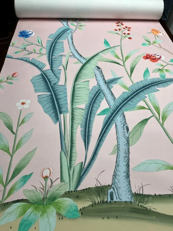 China-Palm Tree Chinoiserie wallpaper on pink silk-supplier ...