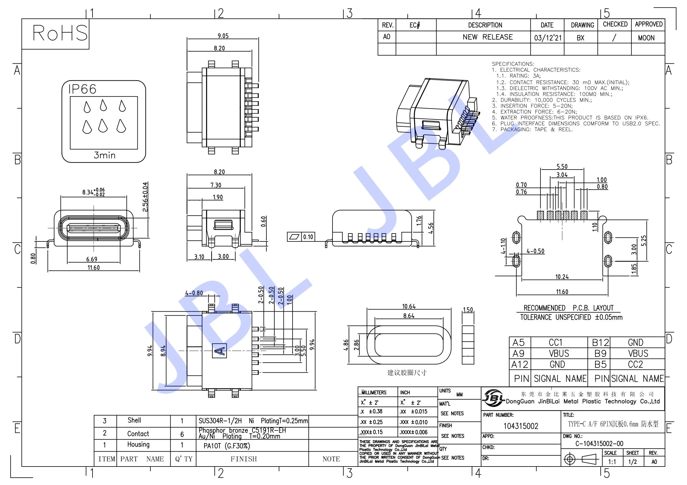 Jbl-104315002 6pin usb type-c waterproof connector mid-mount conn