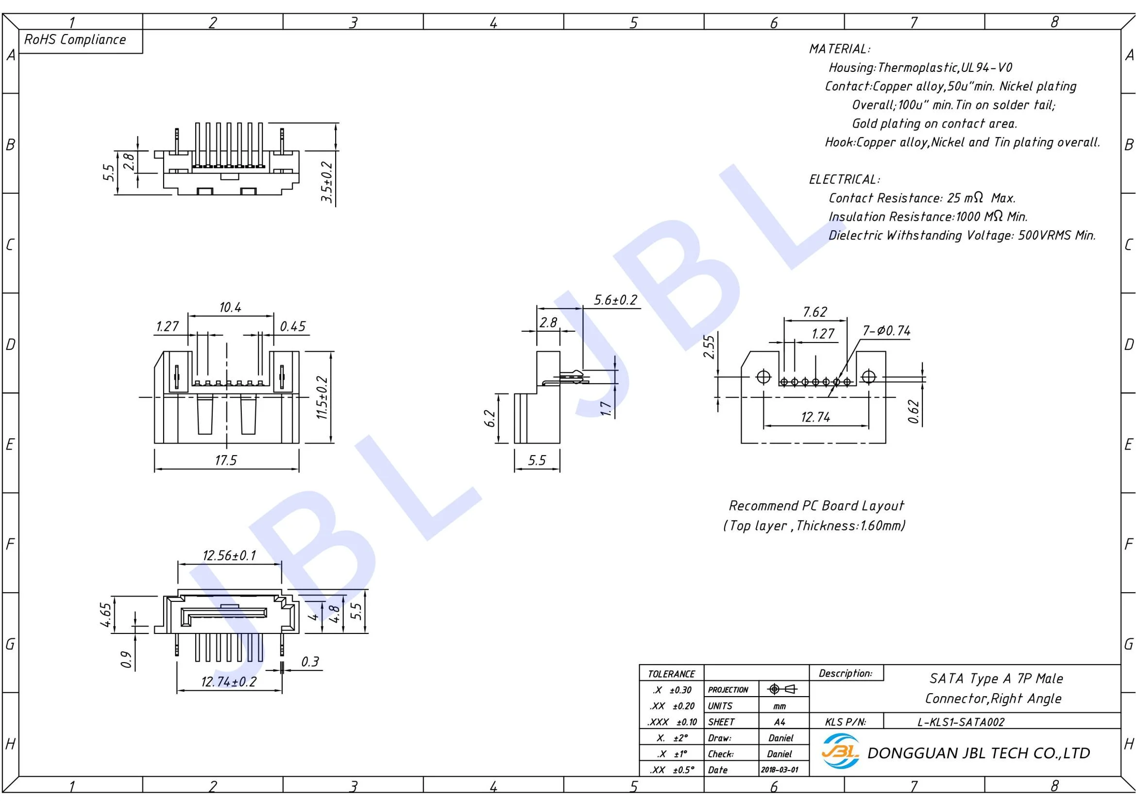 jbl-144031159 SATA Type A 7P Male Connector,Right angle