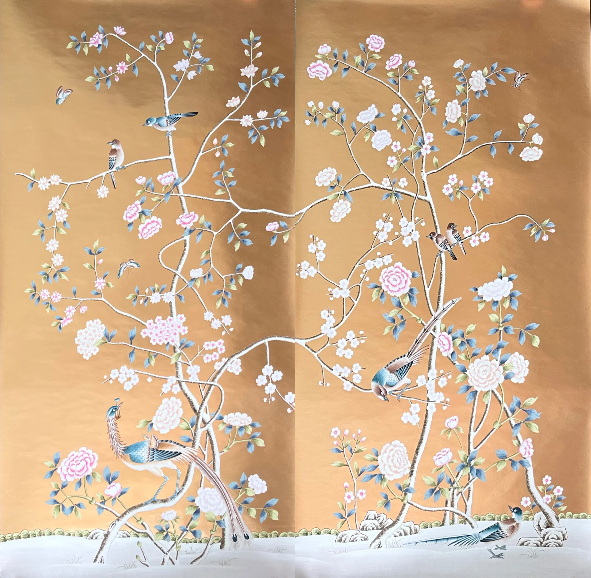 Chinoiserie Hand Painted Wallpapers On Gold Metallic-Ecwallpaper