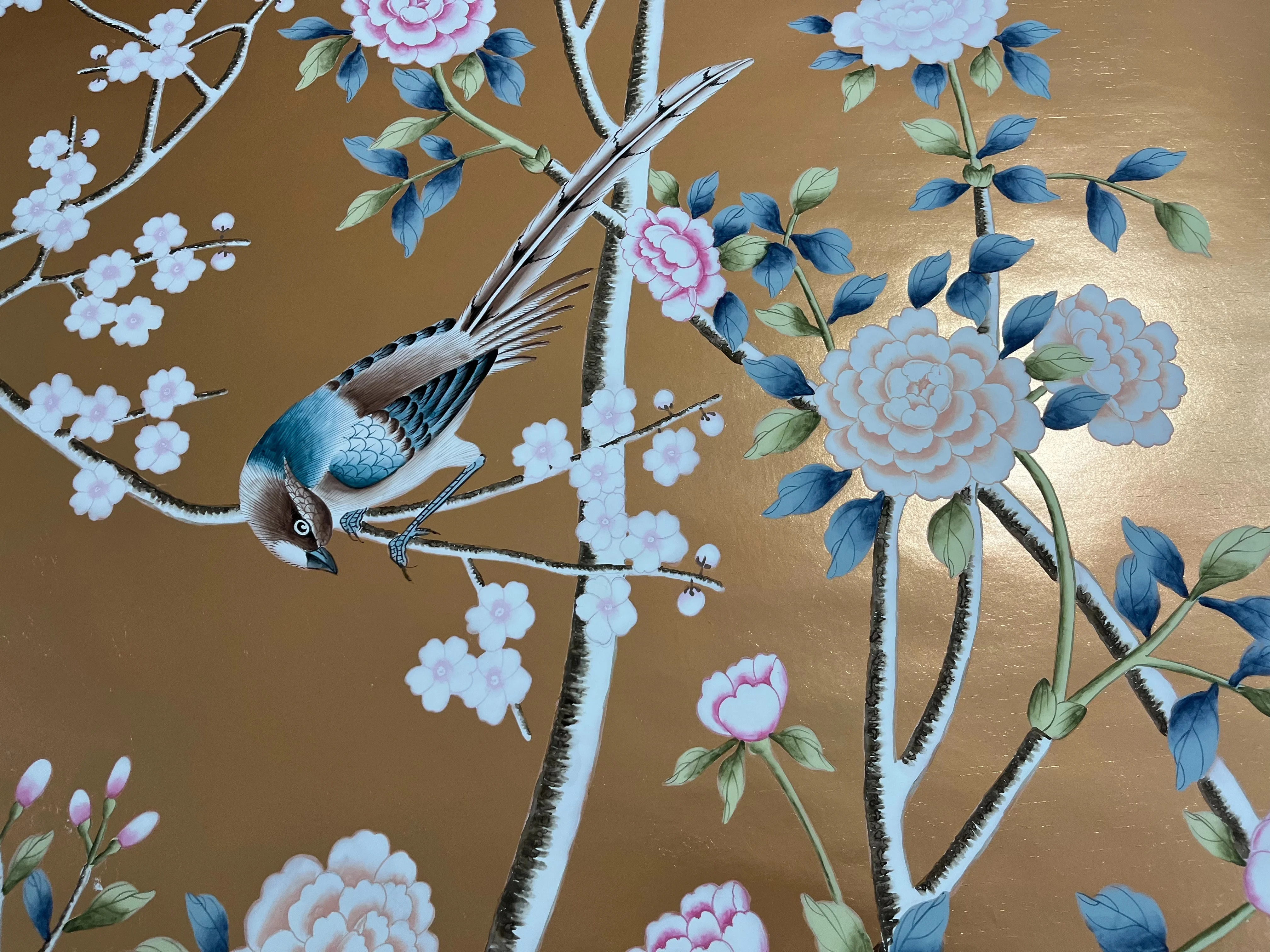 Chinoiserie Hand Painted Wallpapers On Gold Metallic-Ecwallpaper