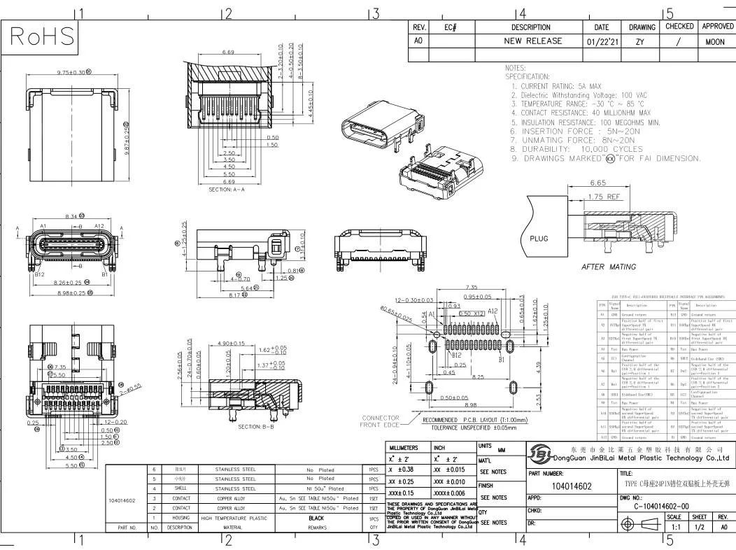 Pin Micro Usb Pcb Connector Female Solder Usb 24PIN SMT Pcb TYPE C CL0.32