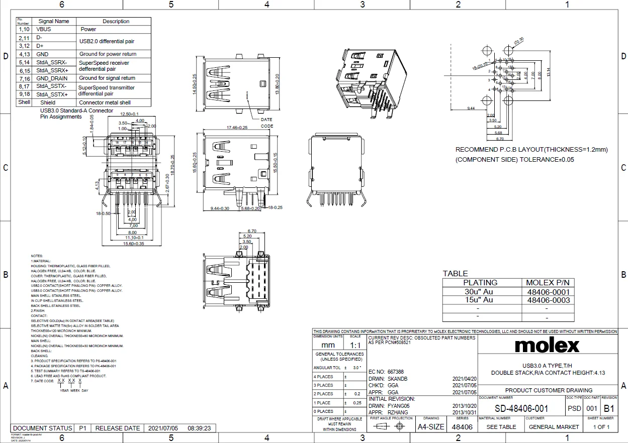 molex 484060001 Universal Serial Bus (USB 3.0) I/O Receptacle, Dual ...