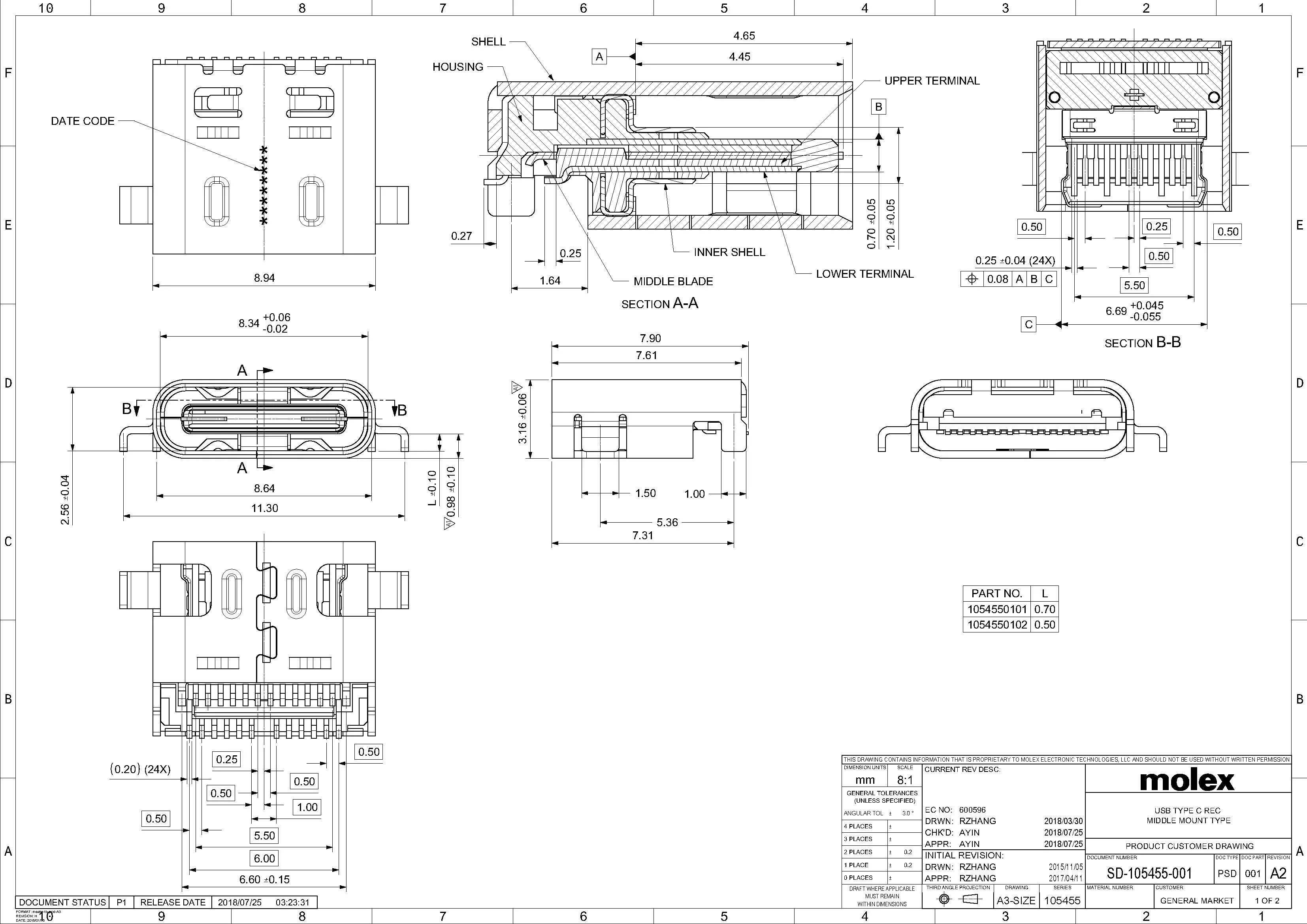 molex 1054550101 Universal Serial Bus (USB) Shielded I/O Receptacle ...