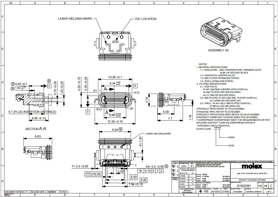 molex 2216320001Universal Serial Bus (USB) Shielded I/O Receptacle ...